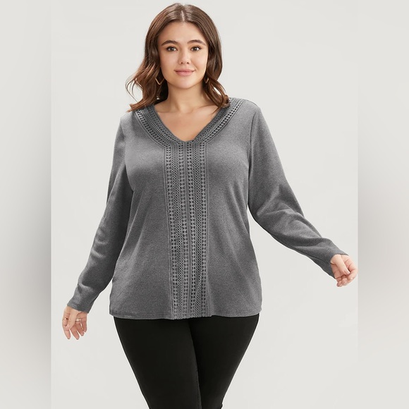 BloomChic | Tops | Bloomchic Solid V Neck Crochet Lace Rib Knit Long ...